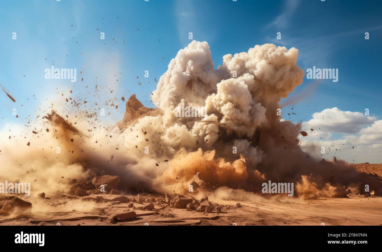 Flying rock and dust storm during detonator blasting on the mining site ...