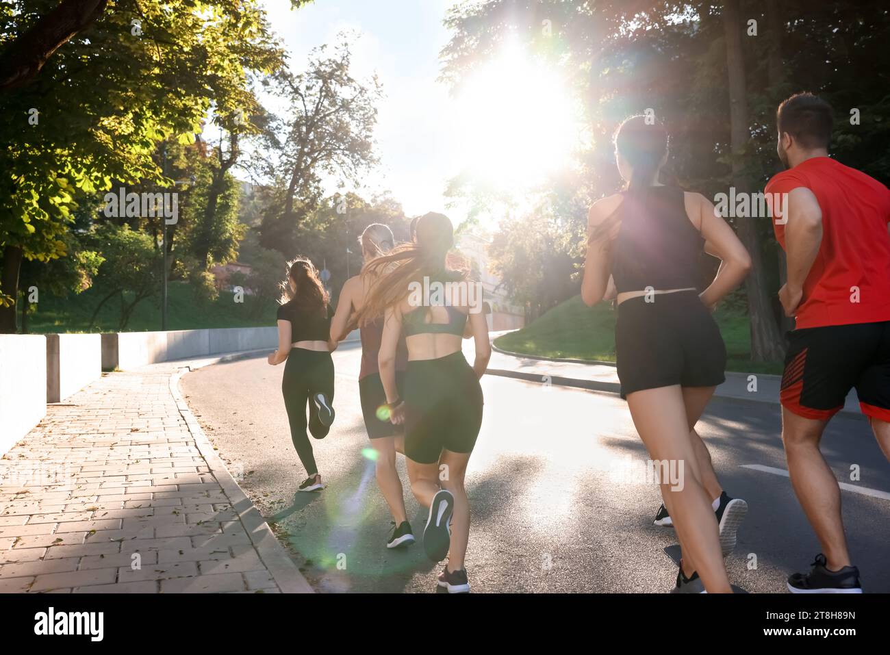 Group of people running outdoors on sunny day, back view Stock Photo ...