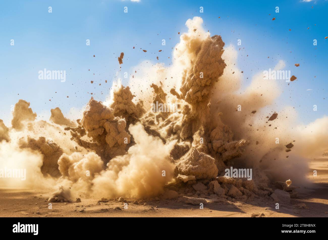 Dust clouds and rubble after detonator blast on the open pit mining ...