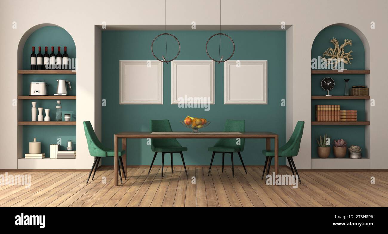 Dining room with wooden table , green leather chairs two niches with ...