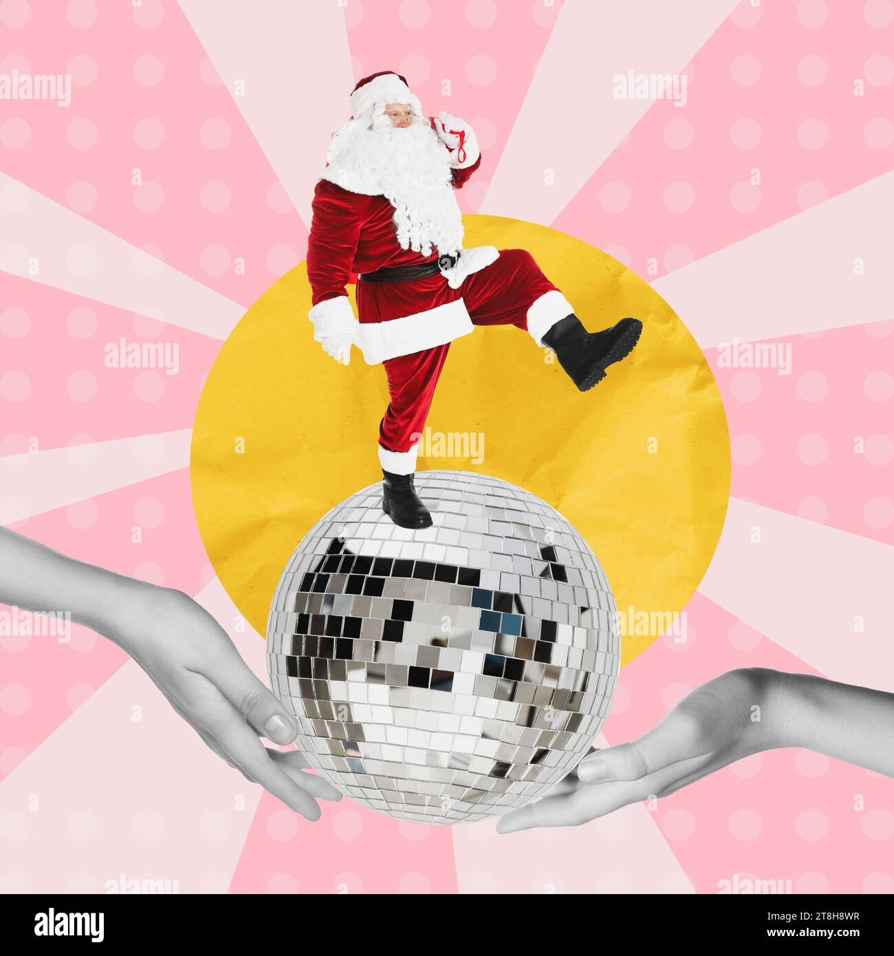 Creative Christmas collage. Santa Claus dancing on disco ball against ...