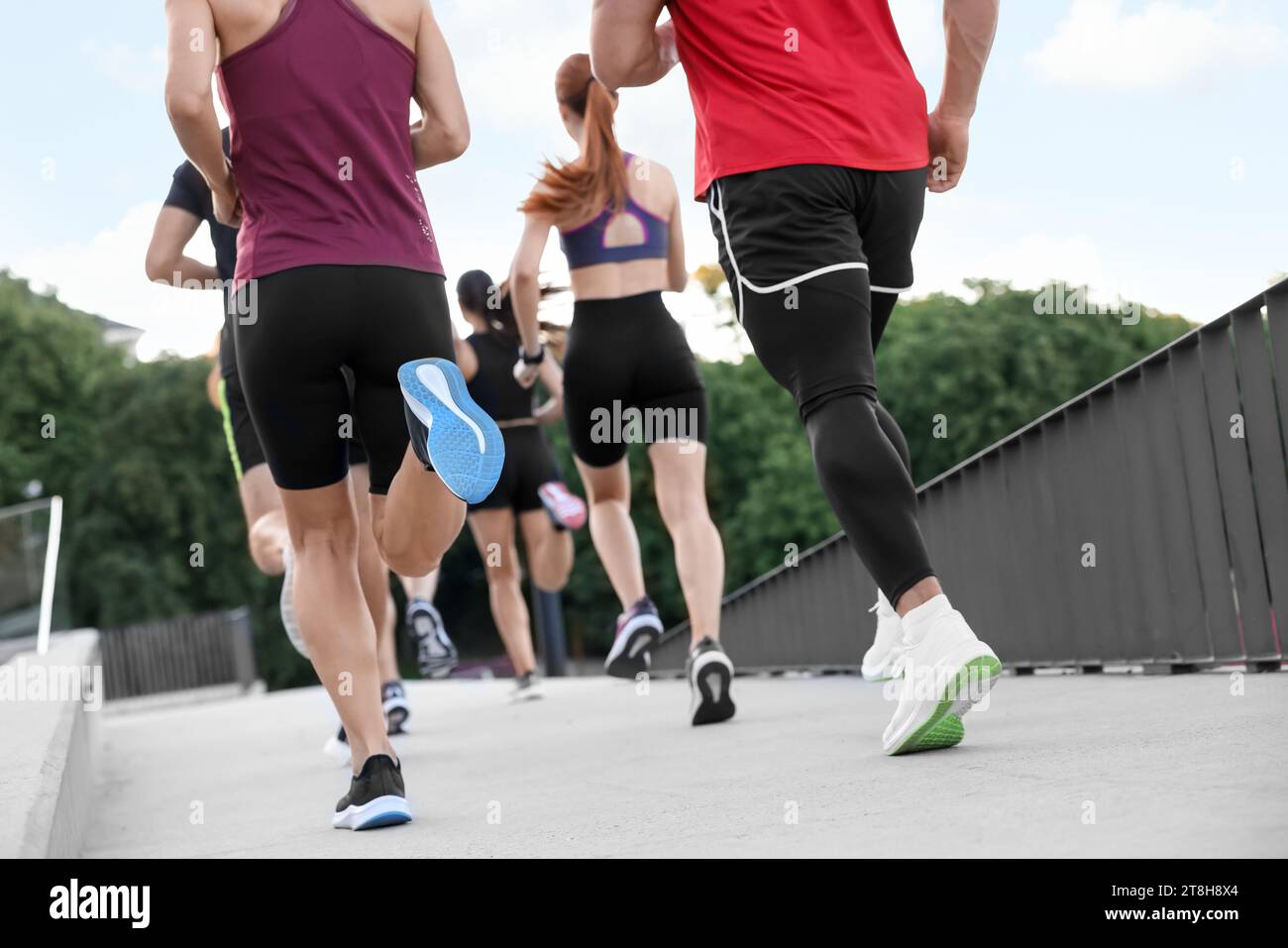 Group of people running outdoors, back view Stock Photo - Alamy