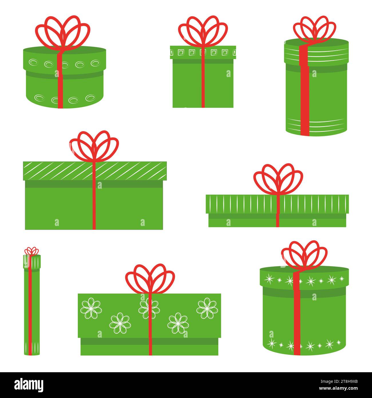 Festive green gift boxes with red ribbons vector illustration on a ...