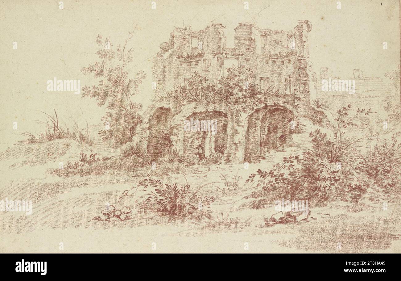 JACQUES DUMONT, view of a ruin, sheet, 289 x 444 mm, red chalk on paper ...