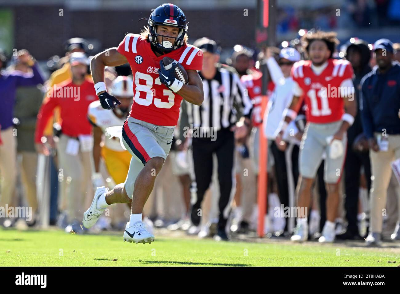 Mississippi wide receiver Cayden Lee (83) runs after a catch during the ...