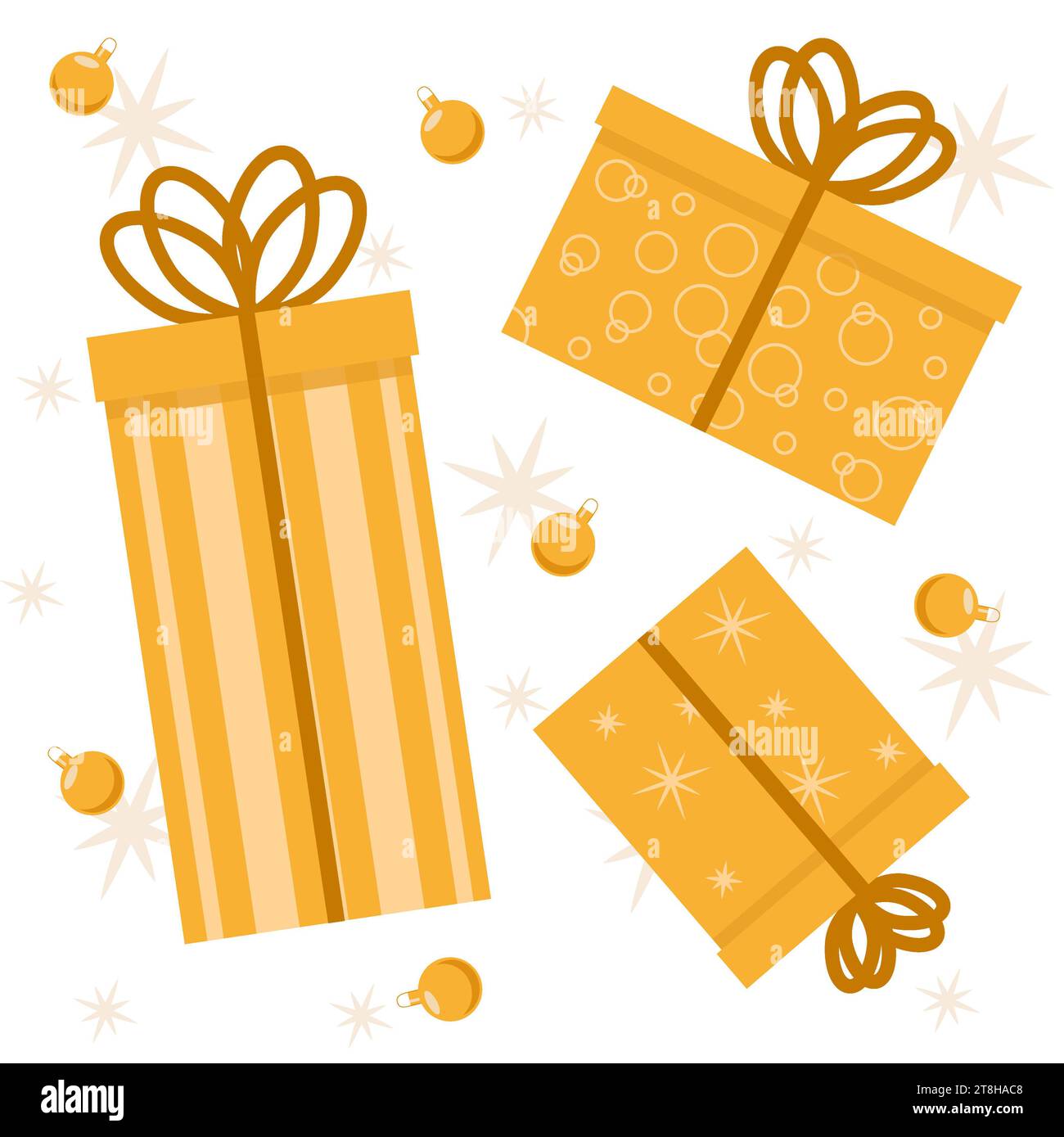 Festive ochre golden gift boxes with beige patterns of stars and ball ...