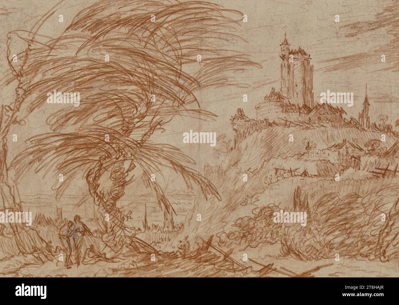 JACQUES CALLOT, landscape, on the right a large tower on a hill, on the ...