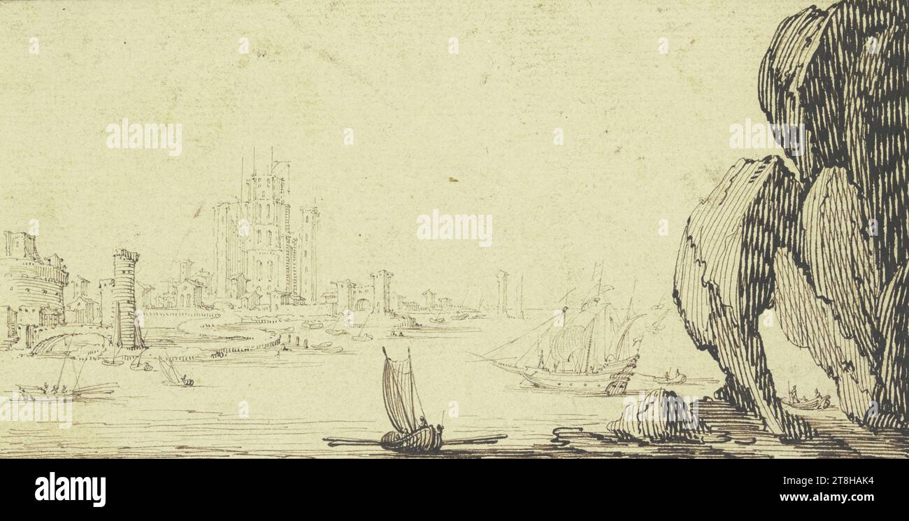 JACQUES CALLOT, seaport with ships, on the right a large rock, sheet ...
