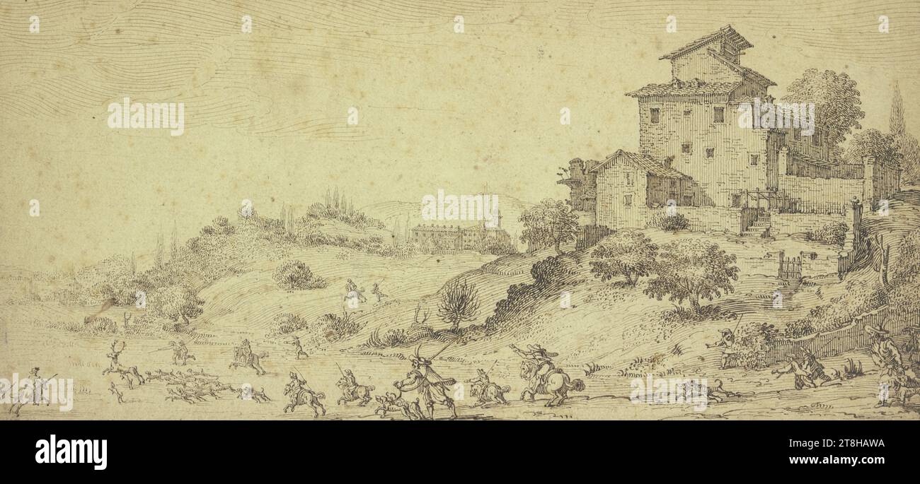 JACQUES CALLOT, landscape with deer hunting, sheet, 113 x 247 mm, brown ...