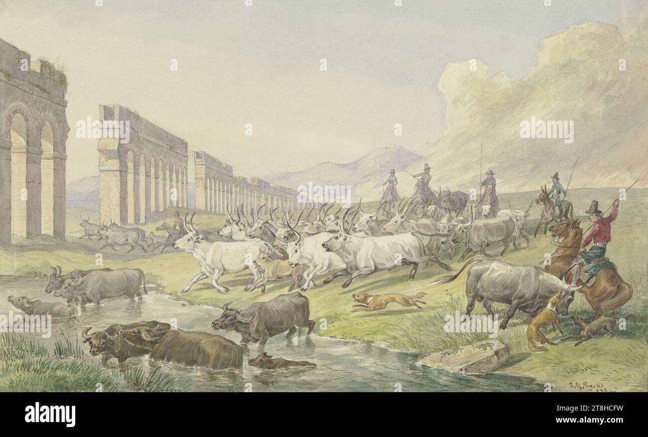JOHANN ERDMANN GOTTLIEB PRESTEL, Roman farmers drive a herd of oxen and ...