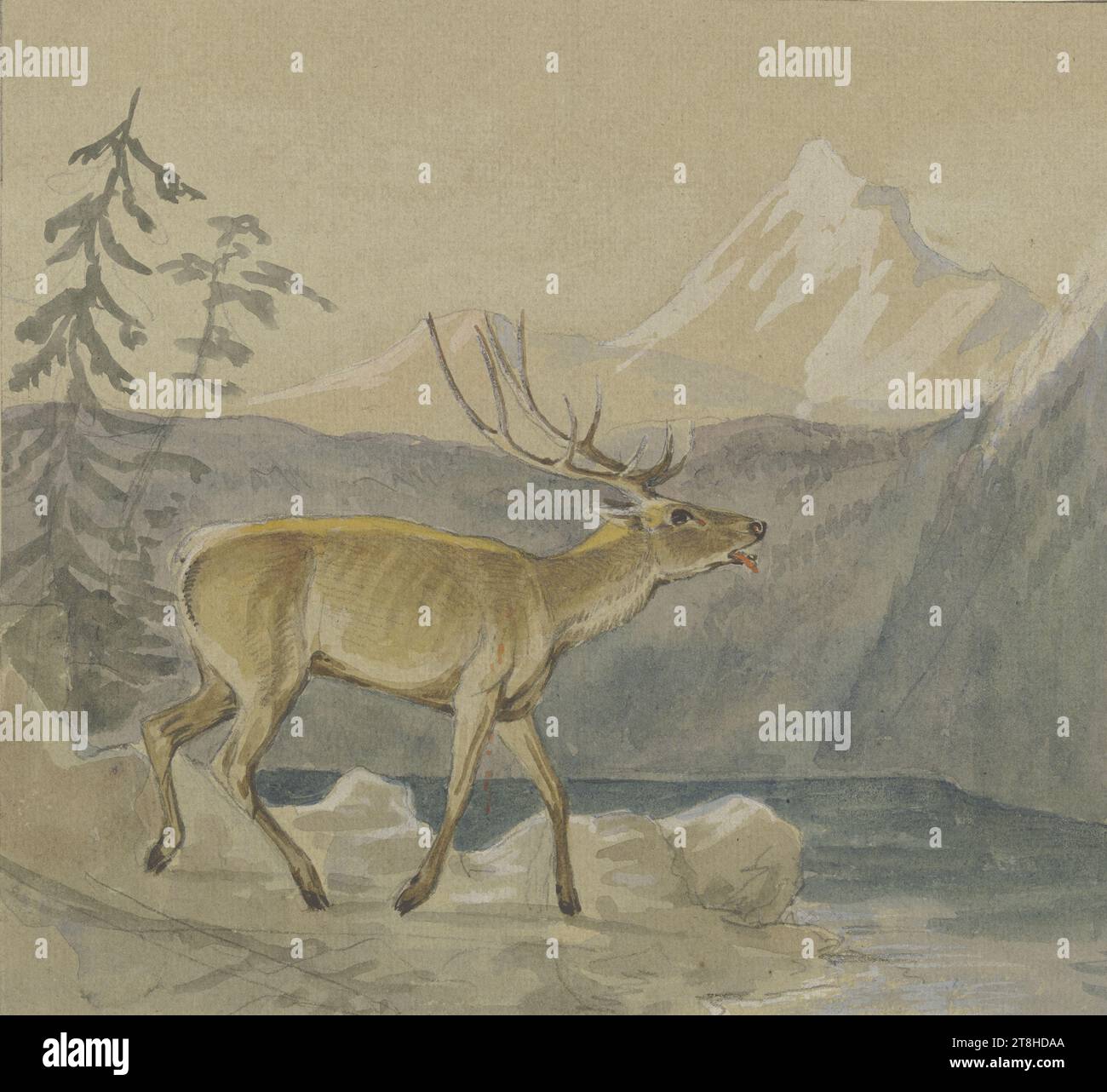 JOHANN ERDMANN GOTTLIEB PRESTEL, A wounded deer seeks refreshment at a ...