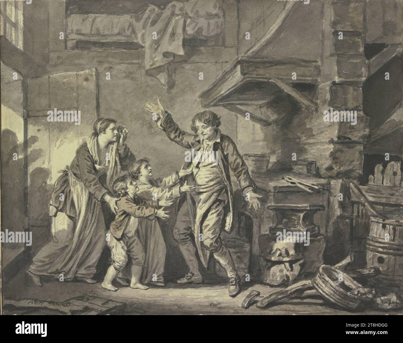 JEAN-BAPTISTE GREUZE, In a blacksmith shop, a woman with two children ...