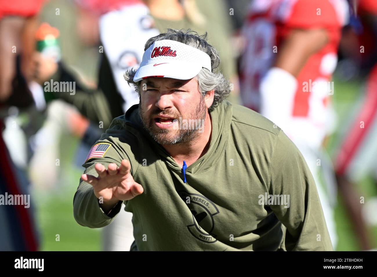 Mississippi defensive coordinator Pete Golding runs drills during warm ...