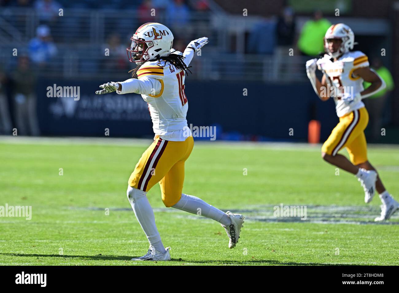Louisiana Monroe safety AJ Watts (16) reacts after a missed Mississippi ...