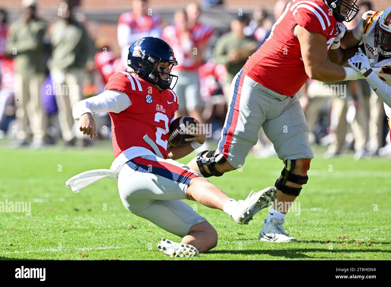 Mississippi quarterback Jaxson Dart (2) slides after a run during the ...