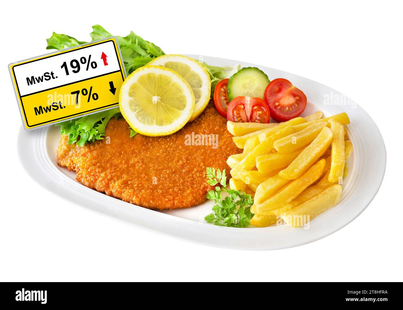 German yellow sign and value-added tax 19% and 7 % MWST with cutlet ...