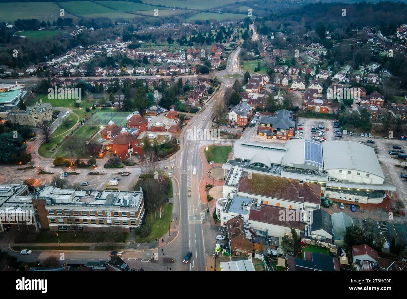 Dorking, Surrey, UK- Aerial view of road leading in to Dorking from the ...