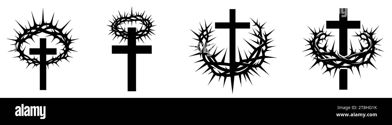 Religious symbols set. Abstract black Christian cross with crown of ...