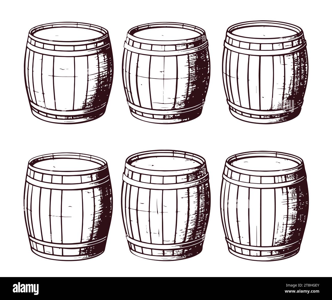 Wooden barrels vintage icons set. Vector hand drawn sketch illustration ...