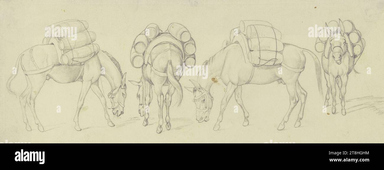 GERMAN, 19TH CENTURY, Four mules packed with barrels, sheet, 101 x 229 ...