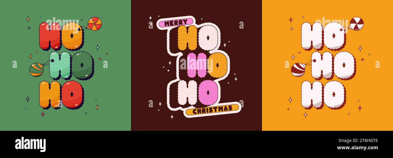 Christmas groovy set of posters with text Ho Ho Ho. Tricolor background ...