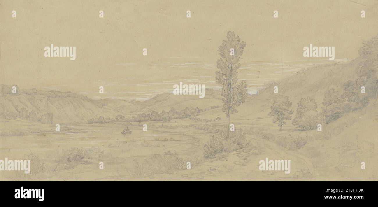 PETER BECKER, motif from the Lahntal, 1857, sheet, 214 x 450 mm, pencil ...