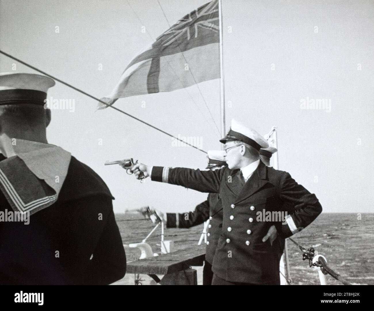 Officers of the light cruiser HMS Despatch shooting Webley Mk VI ...