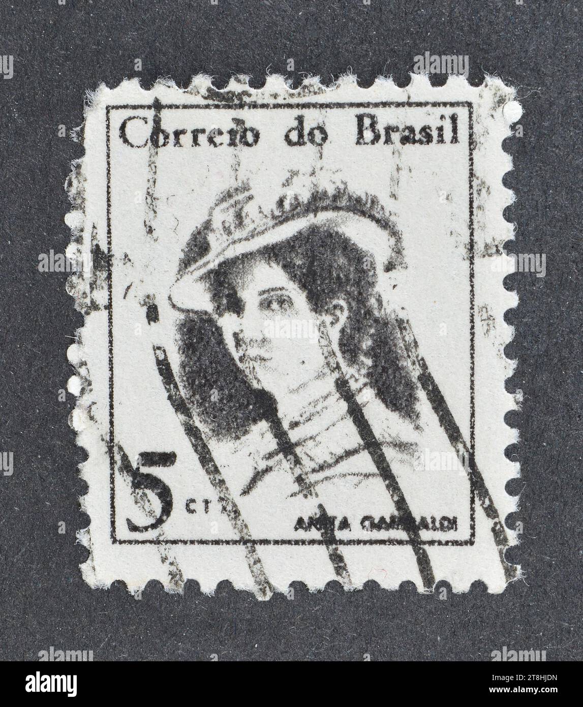 Cancelled postage stamp printed by Brazil, that shows portrait of Anita ...
