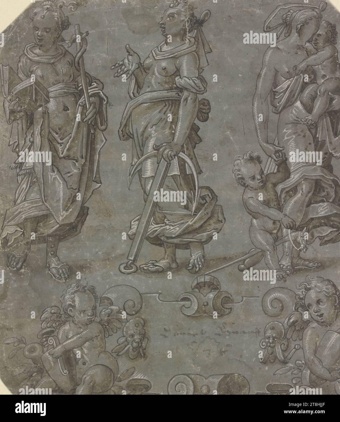 HANS ULRICH FISCH D. Ä., sketch sheet with three female figures: faith ...