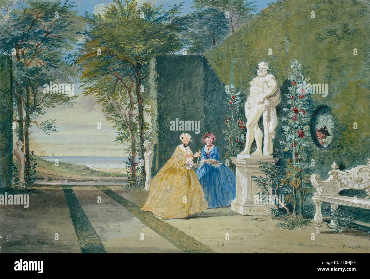 CORNELIS TROOST, park view with two young ladies next to a statue of ...