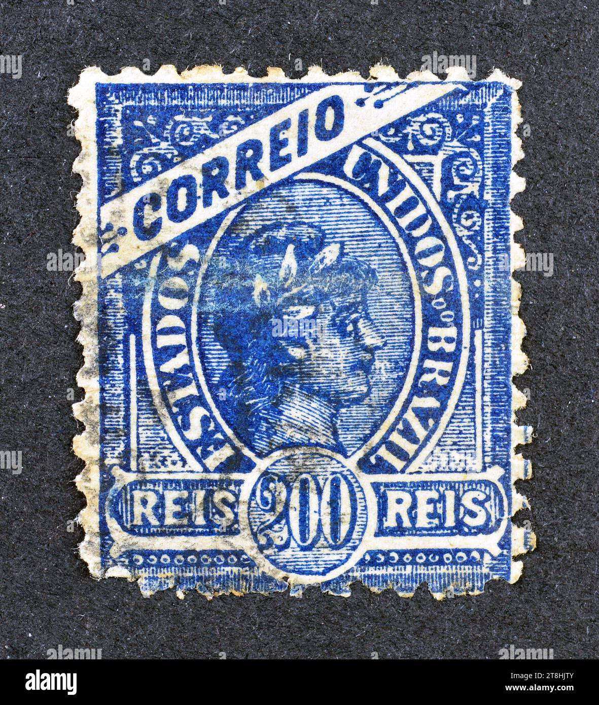 Cancelled postage stamp printed by Brazil, that shows Head of Liberty ...