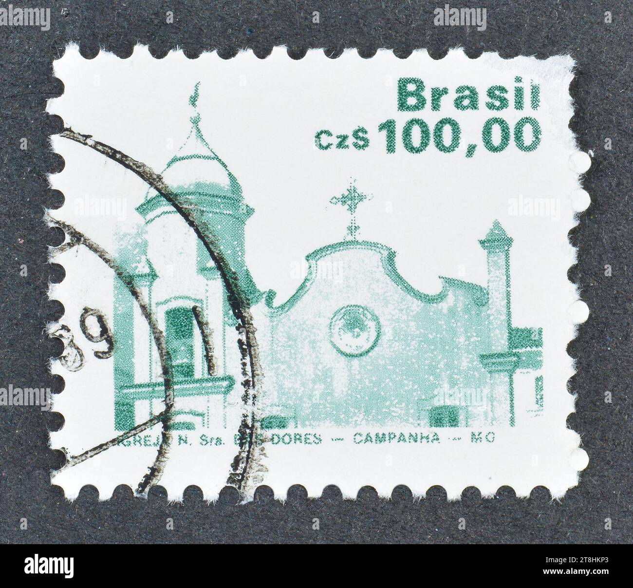 Cancelled postage stamp printed by Brazil, that shows Church of Our ...
