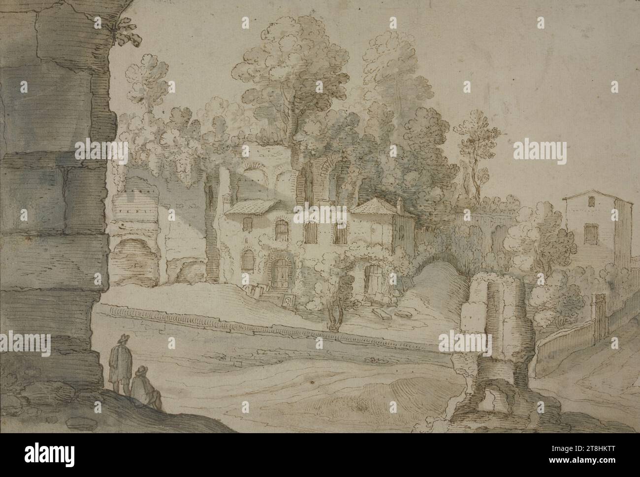PAUL BRIL ?, ruin landscape, sheet, 235 x 346 mm, pen in brown, blue ...