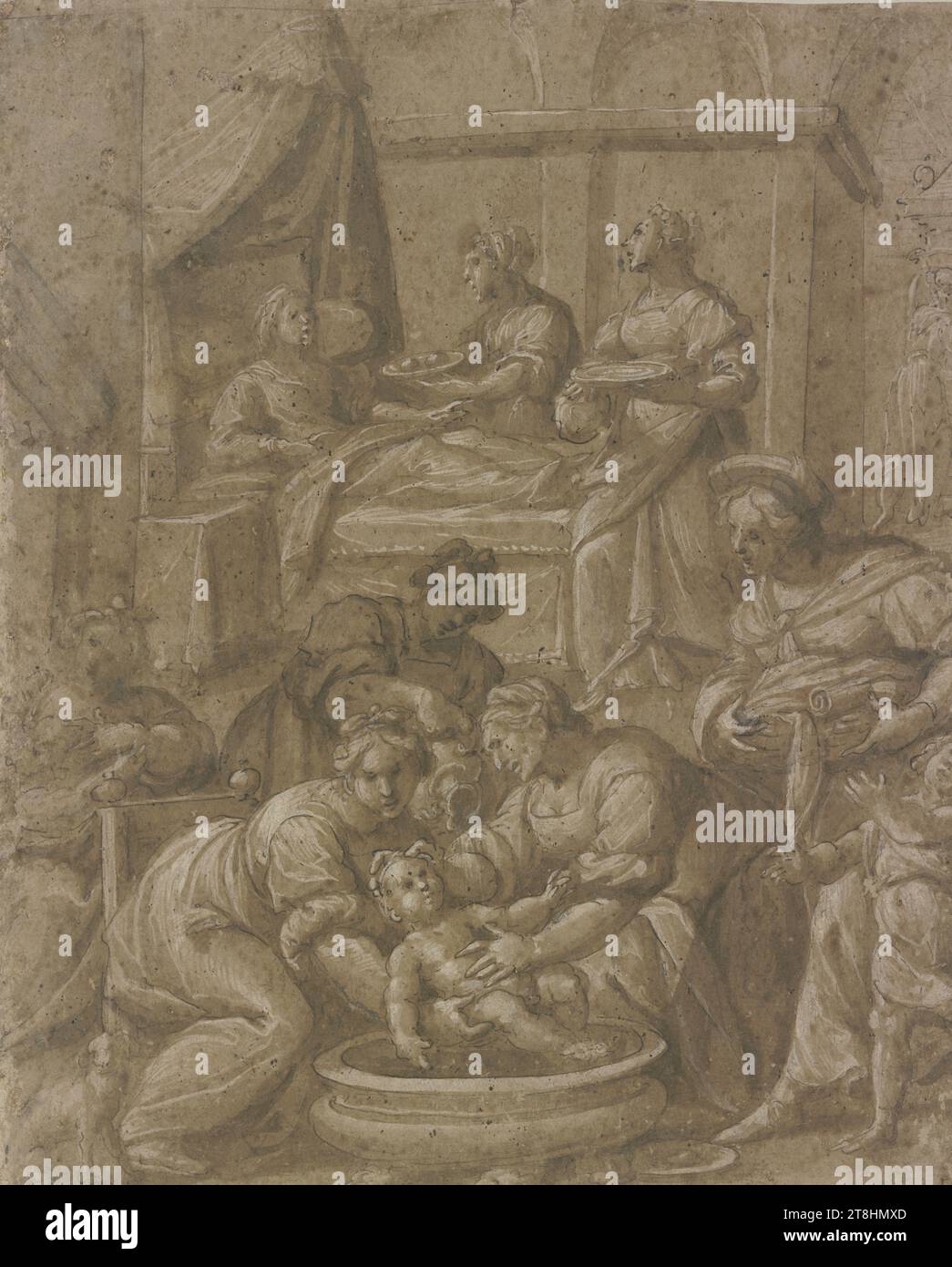 FLORENTINE, 16TH CENTURY?, Birth of Mary, sheet, 288 x 235 mm, pen and brush in brown over black ...