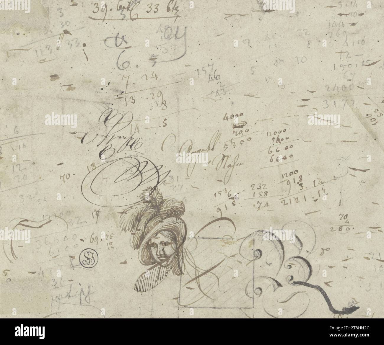 HIERONYMUS HESS, head with feathered hat, sheet, 124 x 165 mm, pen in ...