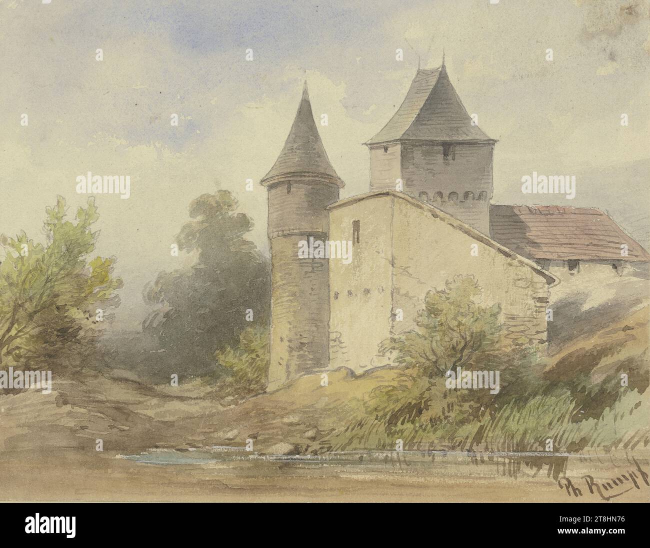 PHILIPP RUMPF, group of buildings with a round tower, sheet, 140 x 182 ...