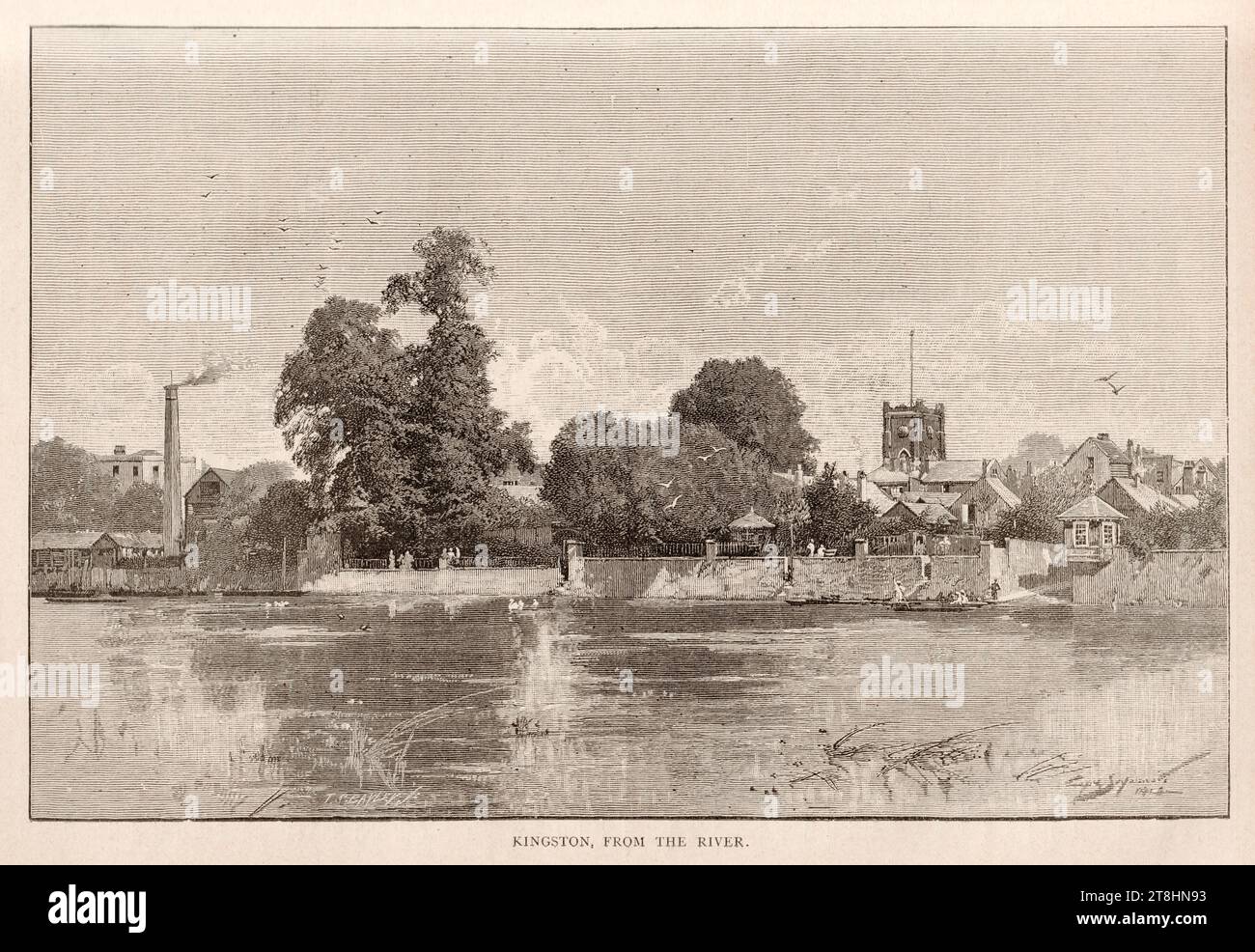 Engraving of a view on Kingston from the Thames from the book: “Greater ...