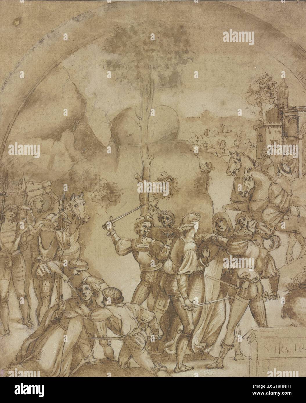 ITALIAN, 16TH CENTURY, Murder of a Monk and Capture of a Nun, sheet, 296 x 246 mm, pen and brush ...