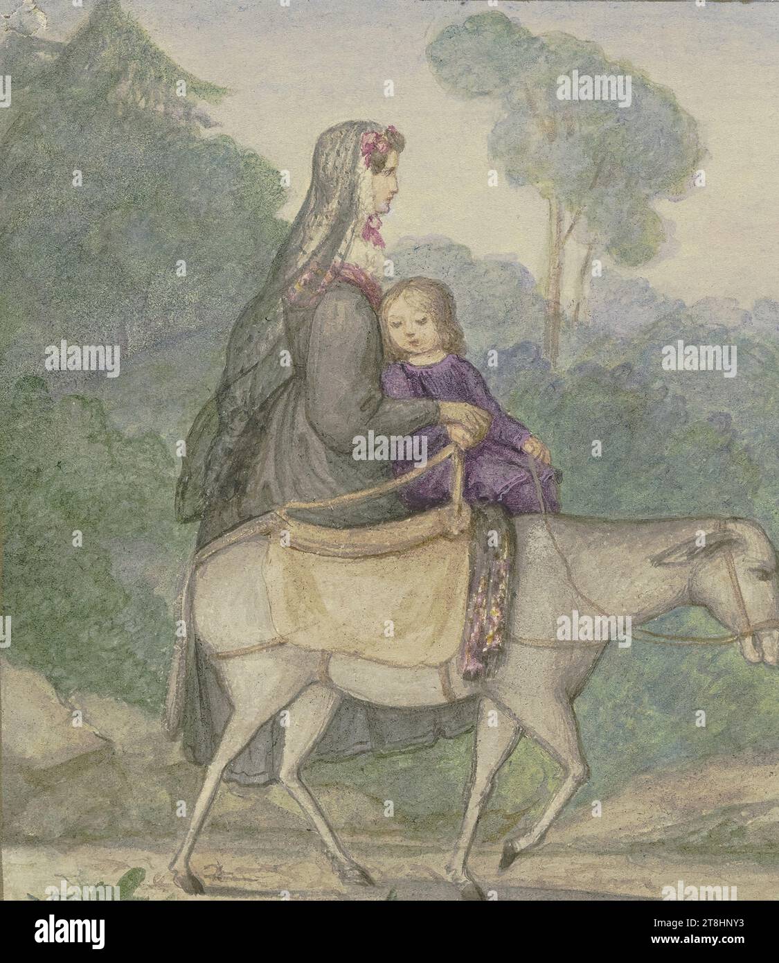 GERMAN, 19TH CENTURY, mother and child, riding on a donkey, sheet, 95 x ...
