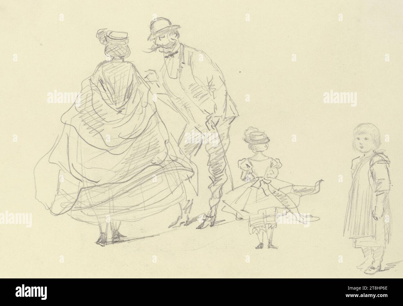 ANTON BURGER, study sheet: two adults, two children, approx. 1860 ...