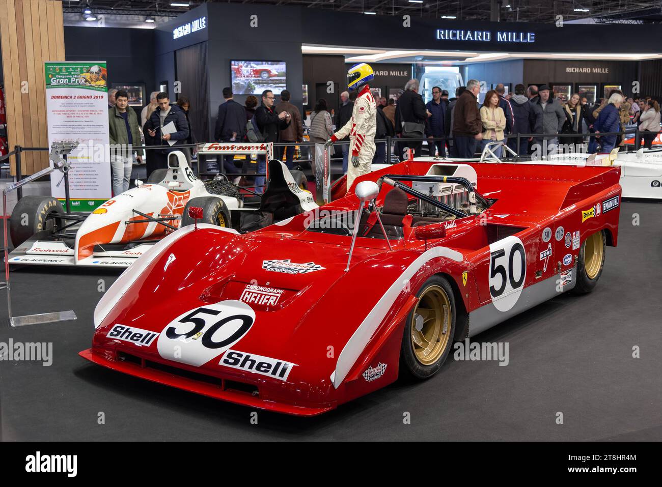 Paris, France - Rétromobile 2019. Focus on a red 1970 Ferrari 712 Can ...