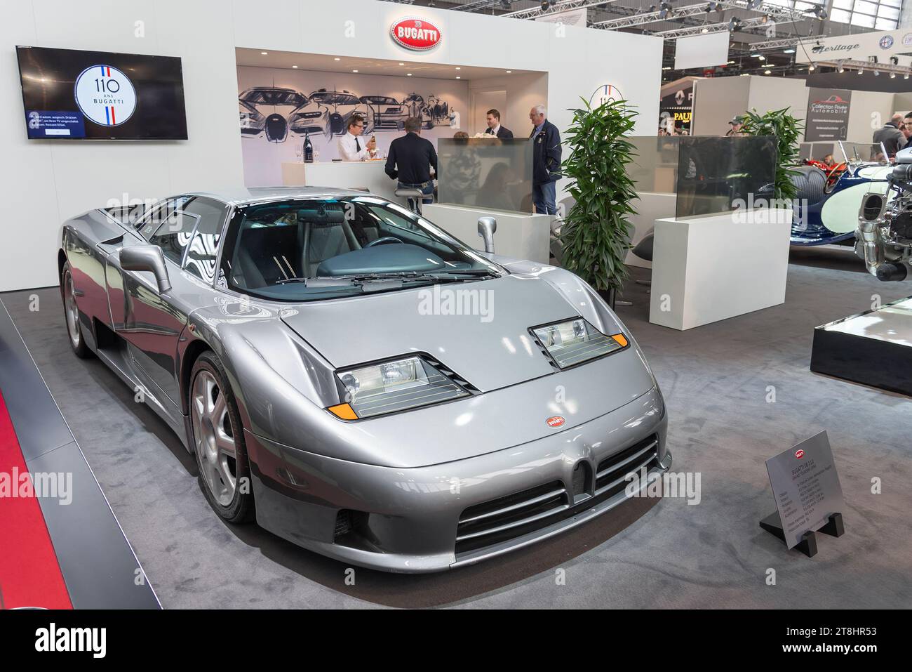 Paris, France - Rétromobile 2019. Focus on a grey 1994 Bugatti EB110 ...