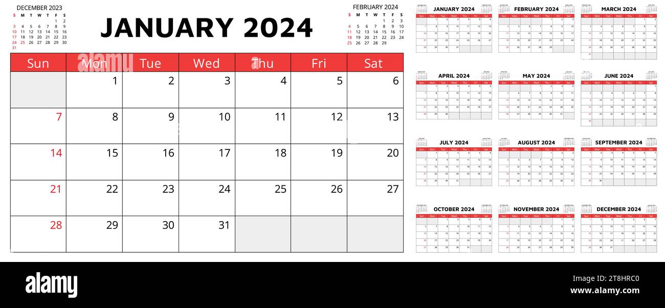 Modern collection of monthly english calendars for 2024 year. Vector ...