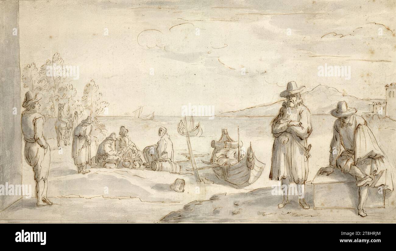 Southern harbor scene with waiting men and a loaded boat, Anonymous ...