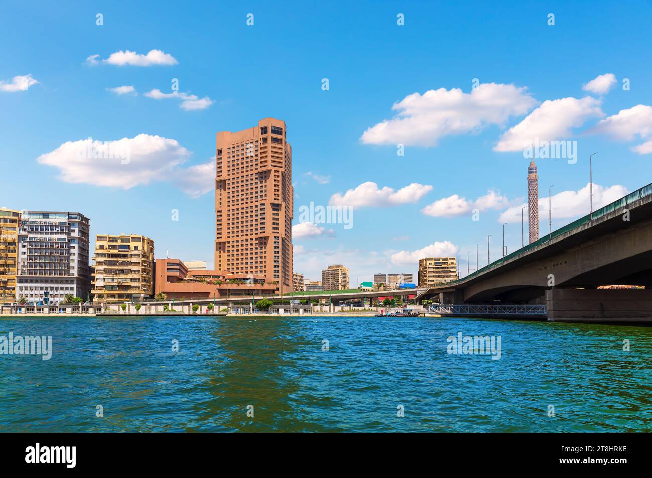 View on the Nile, city center and the 6th October Bridge of Cairo ...