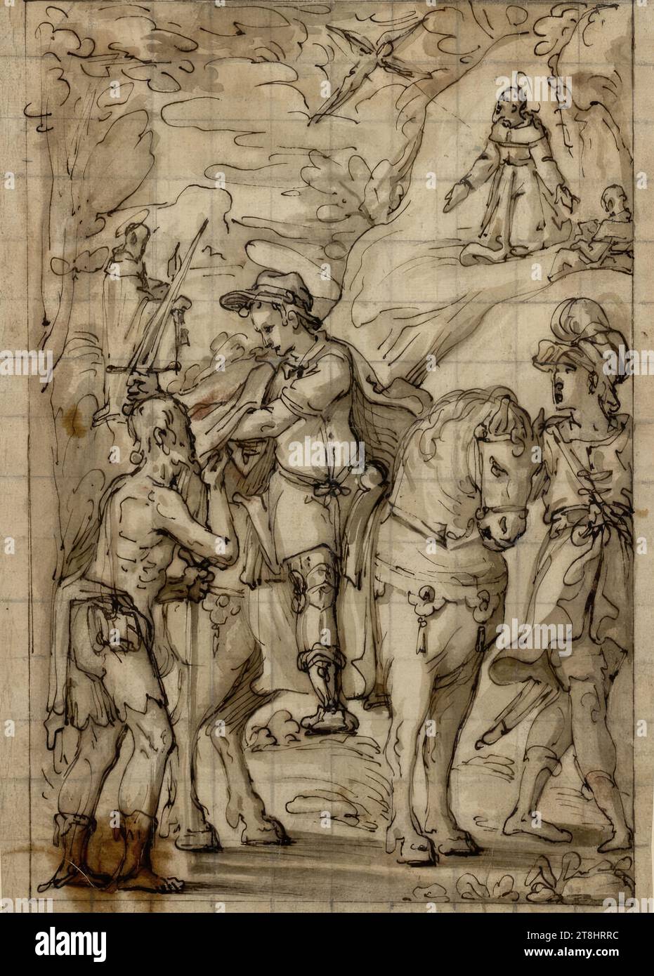 Saint Martin gives the beggar his coat; in the background ...