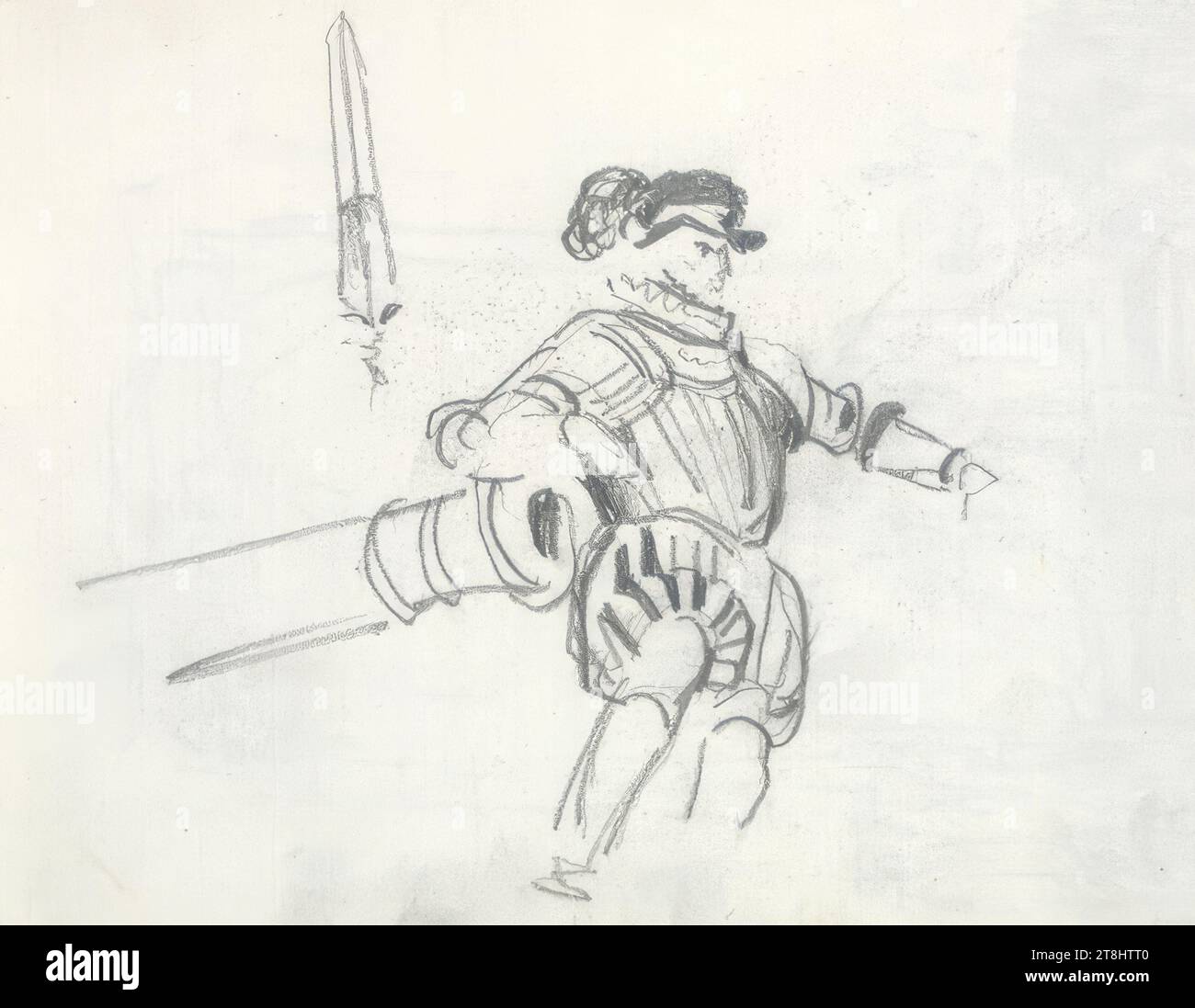 Various sketches, soldier on a cannon barrel, sketchbook Romako Anton ...