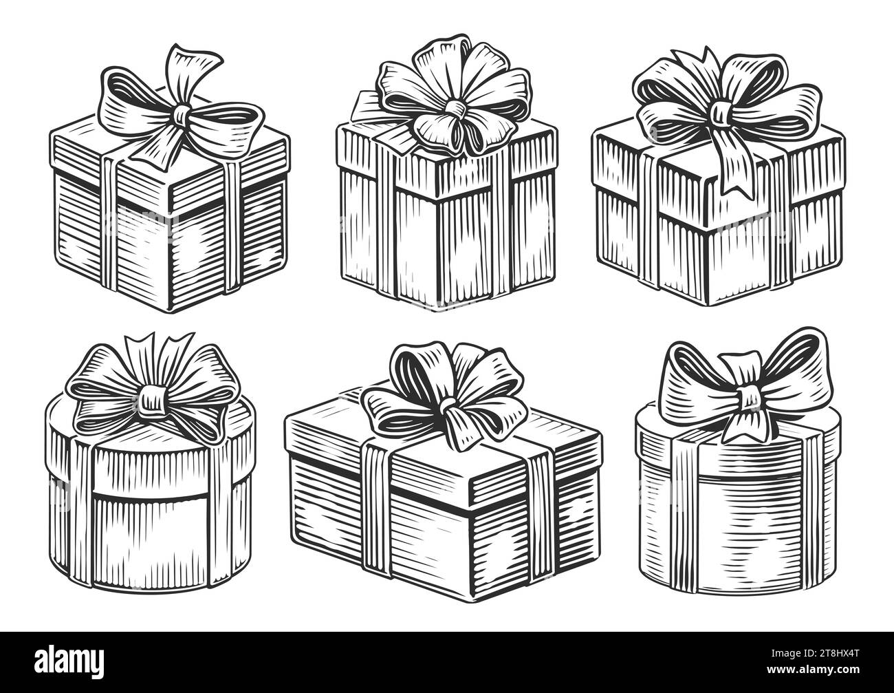 Gift box with ribbon. Present, gifts with bows. Hand drawn illustration ...