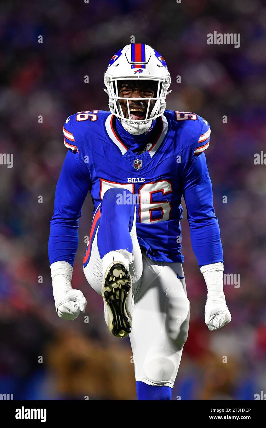 Buffalo Bills defensive end Leonard Floyd (56) reacts after sacking New ...