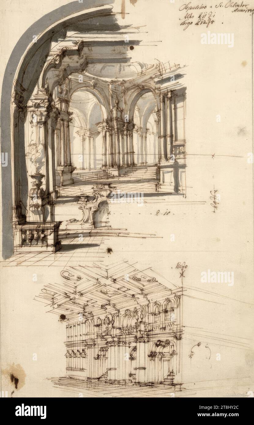 Sketch sheet. Design for an architectural backdrop with high arcades ...